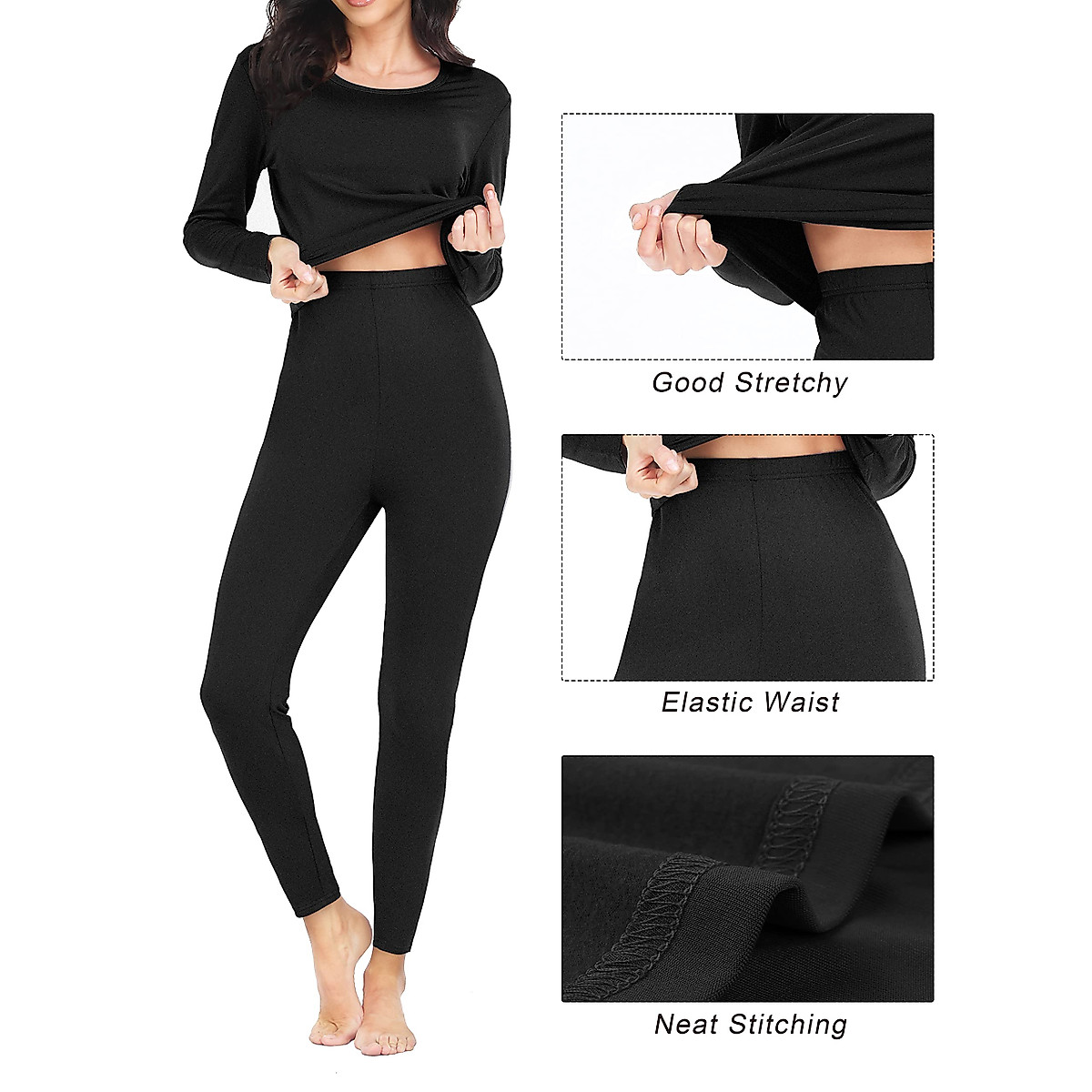 URATOT 2 Sets Women’s Thermal Underwear Set Fleece Lined Thermal Underwear Soft Long Johns Top Bottom Set for Women Cold Winter Black, White