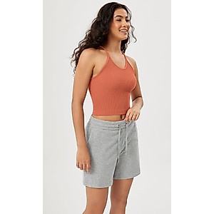 ODODOS Women&#039;s Crop Camisole 3-Pack Washed Seamless Rib-Knit Crop Tank Tops, Long Crop, Beige Coral Teal, Medium/Large