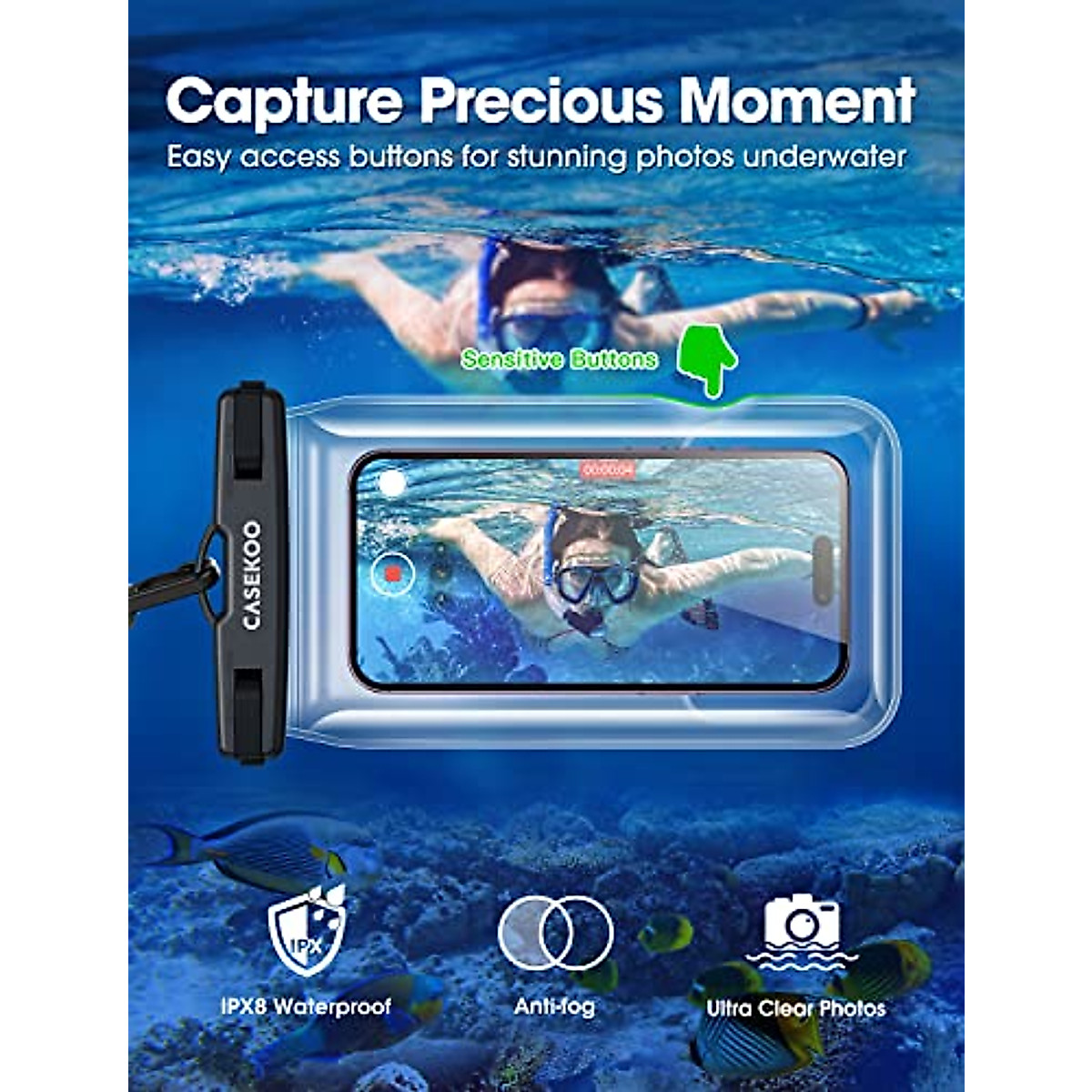 CASEKOO [Never Leak & Anti-Lost] Floating Waterproof Phone Pouch [Ultra Large Back-air Bag] 115FT Water Proof Cell Phone Case for iPhone 14/13/12 Pro Max Samsung S23/S22 Ultra Up to 8''Black