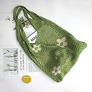 ergou Flower Crochet Tote Bag, Woven Beach Totes Bags for Women, Simple Knitting Hollow Out Shoulder Beach Bag Casual Laziness-Style Handmade Weaving Large capacity Handbag (Green)