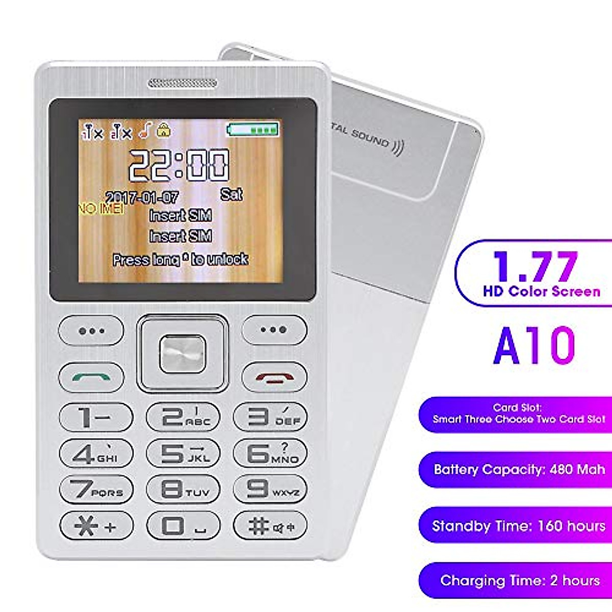 1.77 HD Color Screen Phone, Mini Card Mobile Phone, Ultrathin Cell Phone with 3.5mm Headset Port, Bluetooth Dialer Dual SIM, Intelligent Antiloss Fuction(Silver)