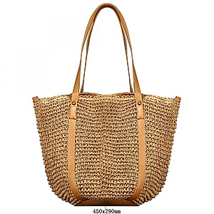 Women Straw Shoulder Bag Summer Beach Lightweight Large Wallet Handmade Woven Handbag (Khaki)