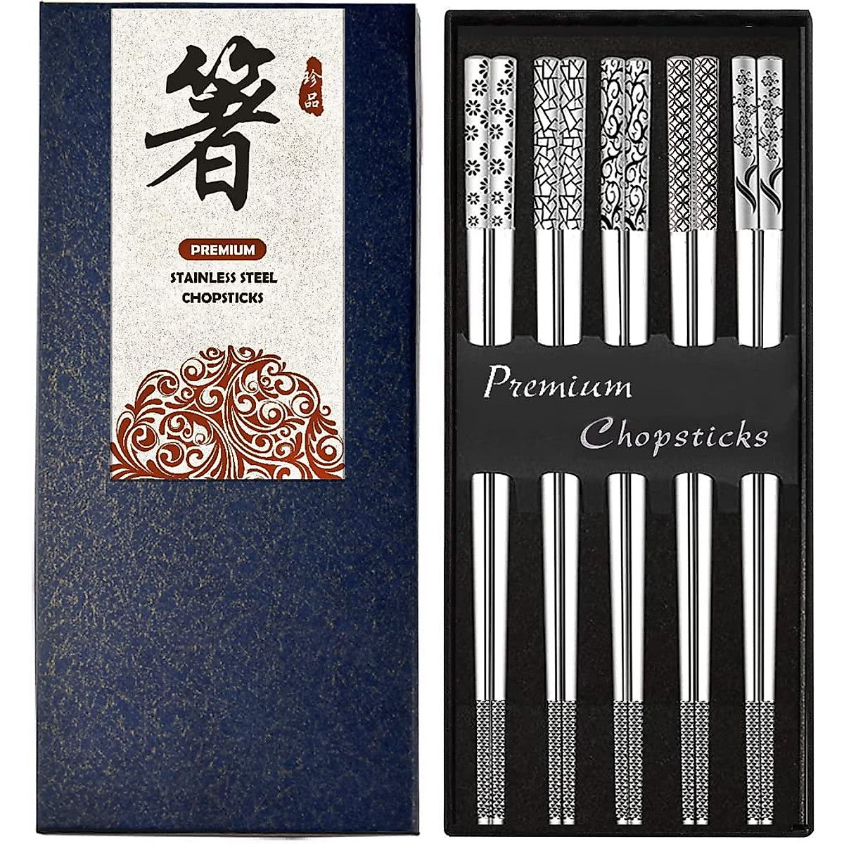 Metal Chopsticks 18/10 Stainless Steel Reusable Chopsticks Cute Laser Engraved Non-slip Korean Japanese Chinese Chopsticks,18/10 Stainless steel Dishwasher Safe for Cooking Eating 9 1/4 Inches 5 Pairs