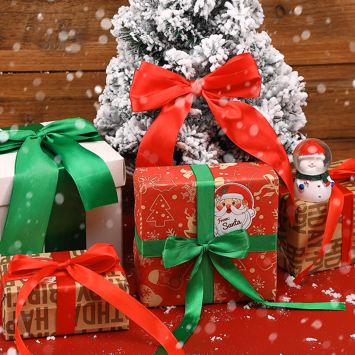 FEBSNOW 4 Rolls 100 Yards Christmas Ribbon,0.8 Inch and 2 Inch Wide Holiday Red Green Satin Ribbons for Xmas Gifts Wrapping and Craft Decoration