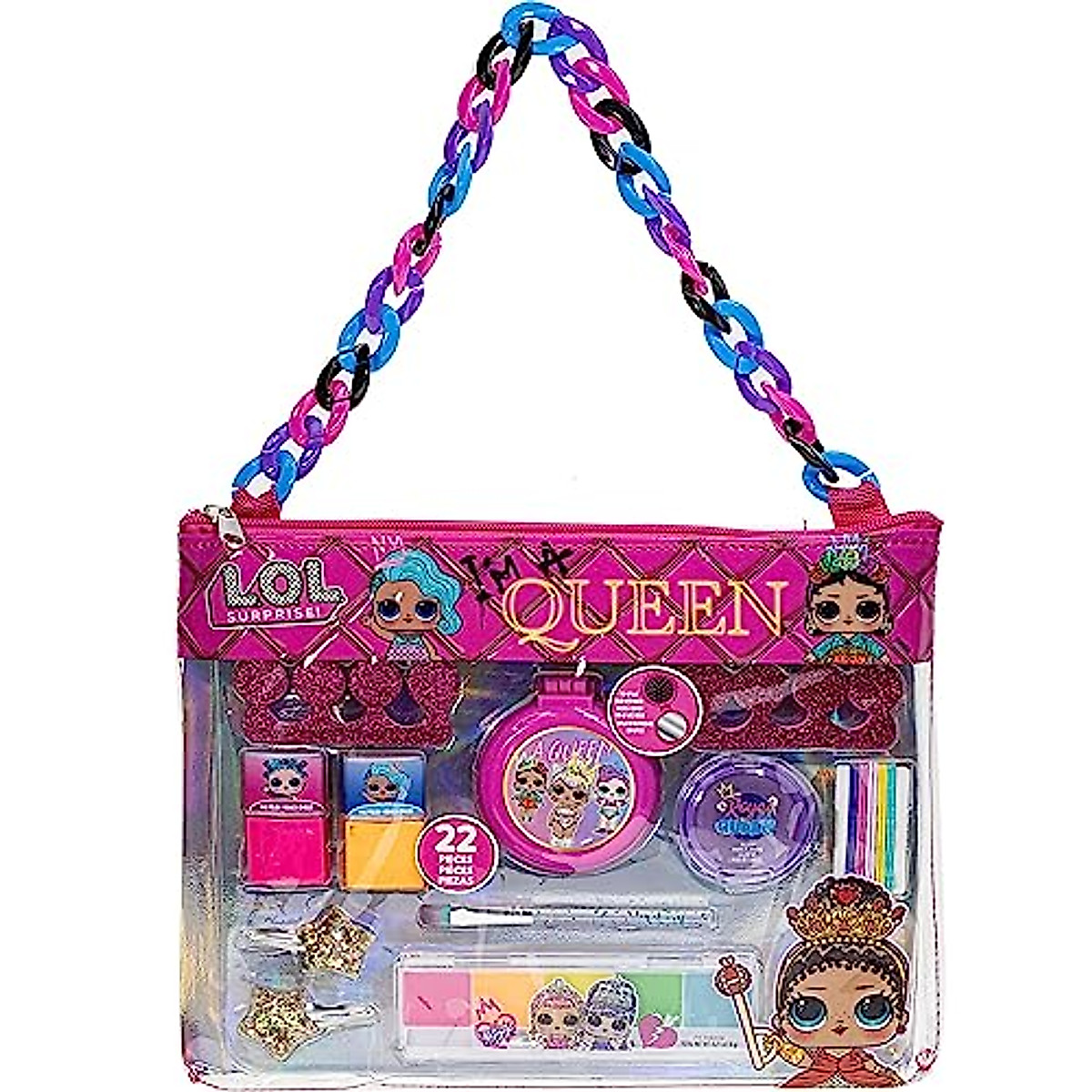 Townley Girl L.O.L. Surprise! Fashion Purse Makeup Set with Non-Toxic Nail Polish, Eyeshadow, Hair Accessories and More, Rainbow Chain for Girls Ages 3 and Up