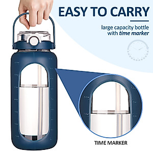 BLUEGO 64oz Glass Water Bottles with Straw Time Marker Half Gallon Large Motivational Water Bottle with Silicone Sleeve 2 Liter Large Glass Water Jug for Gym, Sports& Workout, Daily, Dark Blue