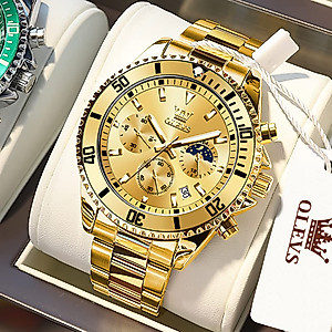 OLEVS Mens Watches Gold Chronograph Luxury Dress Moon Phase Quartz Stainless Steel Waterproof Luminous Business Calendar Wrist Watch