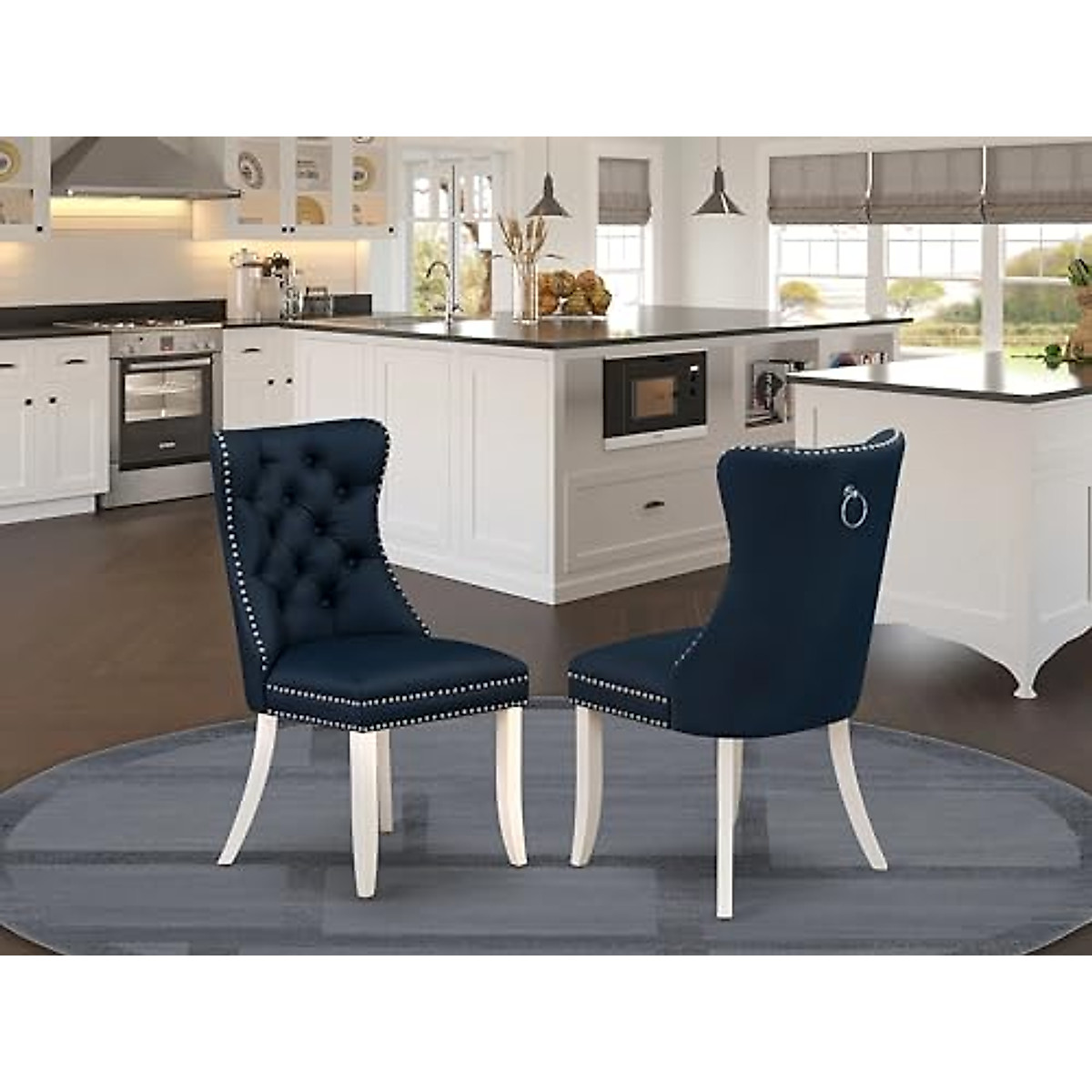 East West Furniture DAP2F29 Dallas Parson Chairs - Button Tufted Nailhead Navy Blue Polyester Fabric Padded Dining Chairs, Set of 2, Linen White