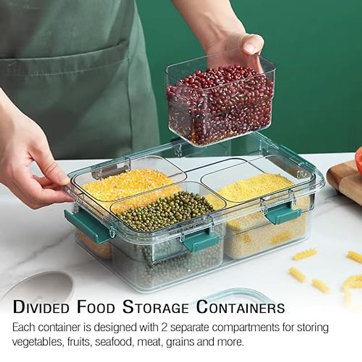 [Green]Air Tight Fresh Container,Divided Container Box with 4 Removable Boxes,Portable Travel Snack Containers,Food Storage Container with Vents Stay Fresh Containers,for Fruit Vegetable Salad Snack