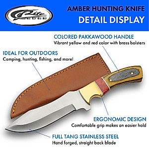 SZCO Supplies 9.5” Red Amber Wood/Brass Handled Outdoor Upsweep Hunting Knife With Sheath,203449-AM