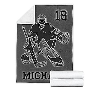 OhaPrints Custom Dark Grey Hockey Blanket Hockey Boy Player Personalized Name Number Soft Sherpa Throw Blankets Cozy Fuzzy Fleece Throws for Tv Sofa Couch Comfy Fluffy Blanket 30X40 50X60 60X80