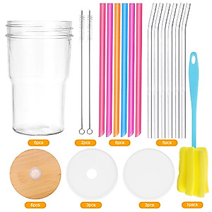Moretoes 6pcs 16oz Glass Cups with Lids and Straws, Glass Iced Coffee Cups Cute Travel Tumbler Cups, Drinking Jars Set Reusable Boba Bottle for Jumbo Smoothie, Cold Brew, Soda, Juice
