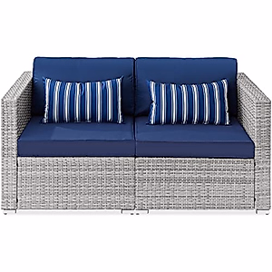 Best Choice Products 2-Person Outdoor Patio Loveseat Sofa, Modular Wicker Couch Furniture Conversation Set w/ 2 Accent Pillows, Adjustable Feet, 550lb Weight Capacity - Gray/Navy