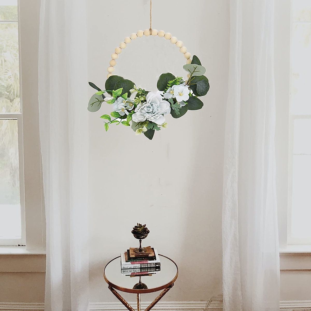 Artificial Flower Wreath,Wood Beads Camellia Wreath, Indoor/Outdoor Farmhouse Wreaths for Front Door Decor