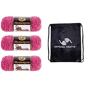 Lion Brand Knitting Yarn Homespun Peony 3-Skein Factory Pack (Same Dye Lot) 790-442 with Knitting Project Bag