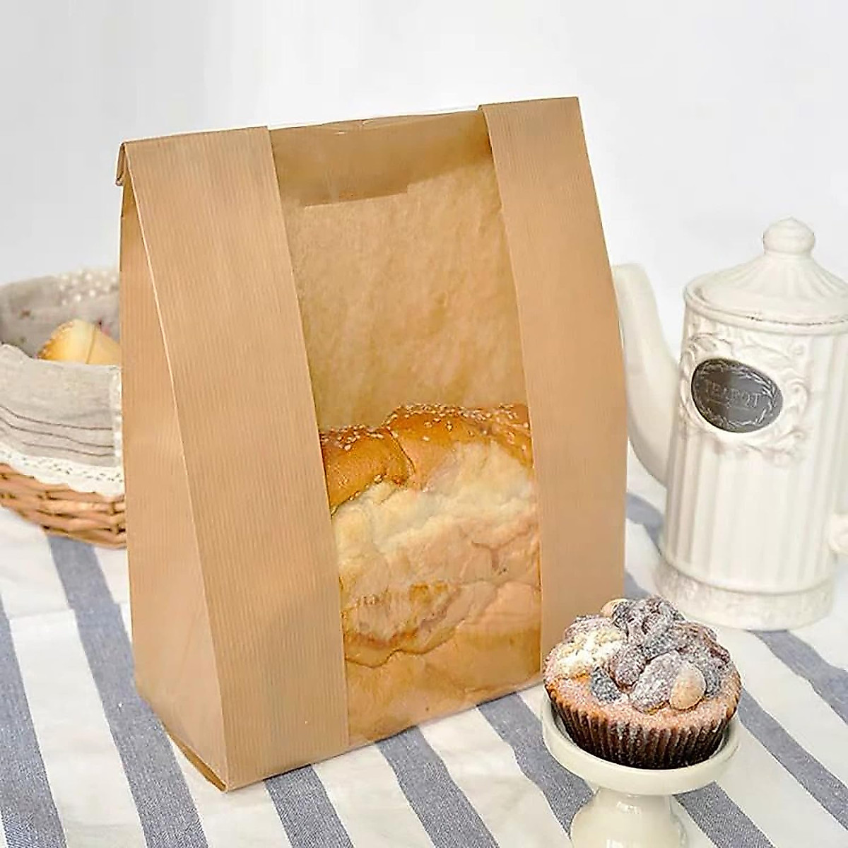10 Pack Large Paper Bread Bags for Homemade Sourdough Loaves Bread Bags with Window for Homemade Bread Gift Giving, Sourdough Bread Packaging Storage with Label Seal Stickers(13.7x8.2x3.5 inch)