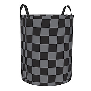 Generic Collapsible Laundry Basket,Grey Black Checkered Laundry Hamper With Handles Round Laundry Bin Foldable Dirty Clothes Storage Bucket 15.7 x 19.6 inches, Onesize