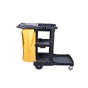Restaurantware RW Clean 44.3 x 20.1 x 37.8 Cleaning Cart 1 Heavy-Duty Janitorial Cart - With 3 Shelves 20-Gallon Nylon Bag Plastic Housekeeping Cart Wheeled For Commercial Use