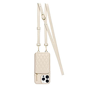 LAMEEKU Compatible with iPhone 14 Pro Wallet Case, Card Holder Case for Women Crossbody Purse Case Quilted Leather for Women RFID Case Compatible with iPhone 14 Pro, 6.1 Inch-Beige (2022)