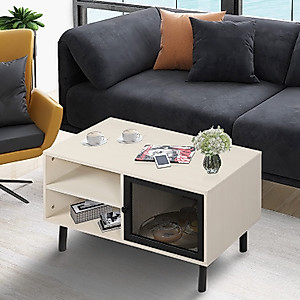 LTMEUTY Coffee Table for Living Room, Mid-Century Modern Coffee Table with Double Mesh Doors & Open Storage Shelves, Wood and Metal Cocktail Table, Accent Furniture, White Wood Grain