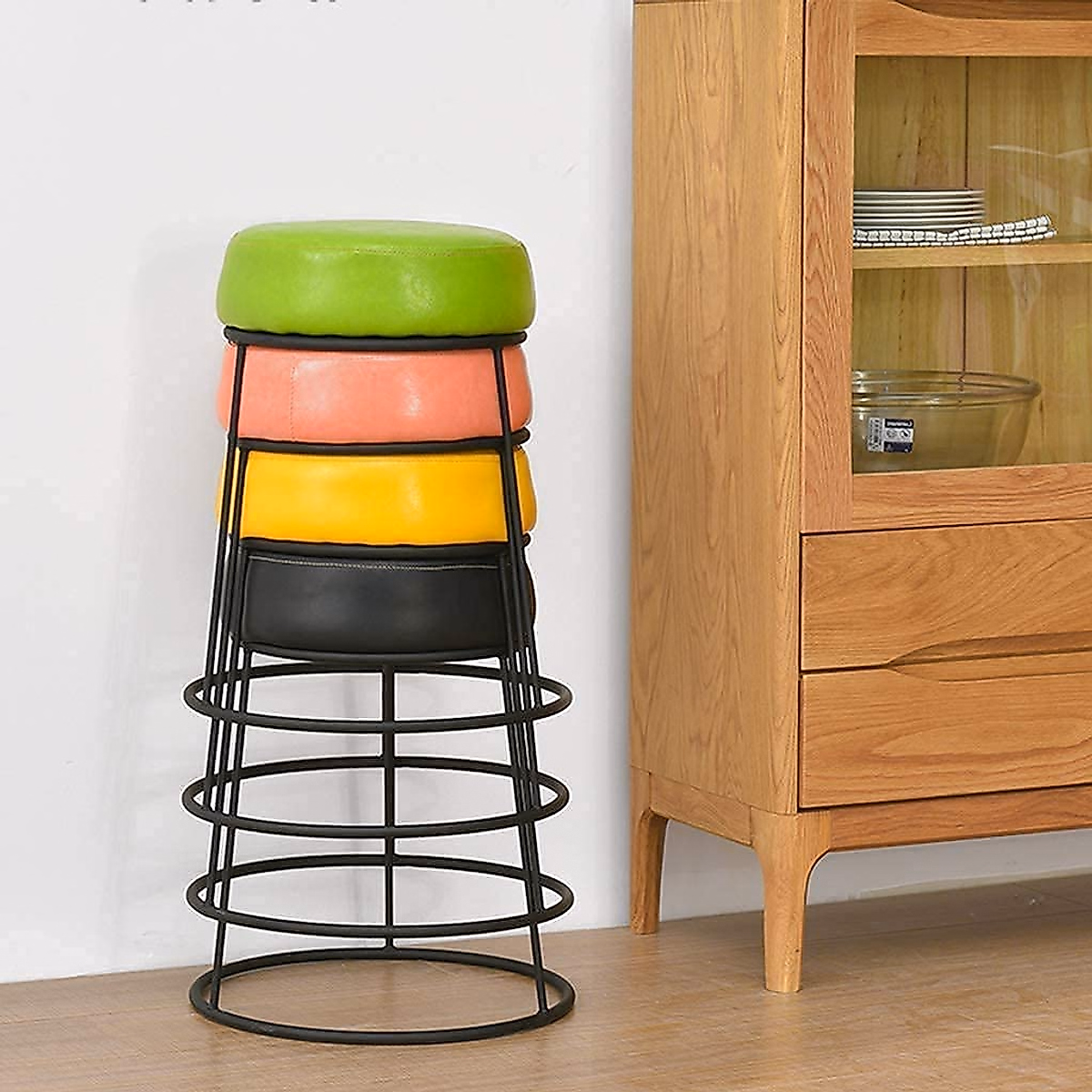 RILOOP Upholstered Footstool Iron Round Foot Stool,Upholstered Ottoman Pu Leather Footrest Changing Shoe Stool for Makeup Dining Room Dressing Chair Shoe Bench Storage Footstool/OliveGreen