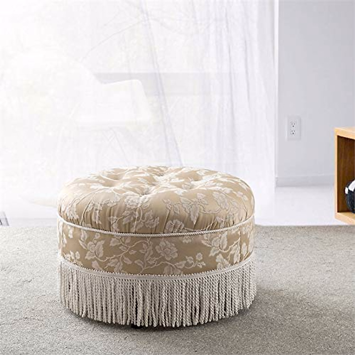 Jennifer Taylor Home Yolanda Collection Traditional Modern Cotton Blend Hand Tufted With Cord and Fringe Round Ottoman, Neutral 24" x 14"