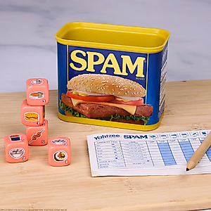 YAHTZEE Spam Brand | Collectible Yahtzee Game as Iconic Spam Can with Custom Dice | Dice Featuring Fried Spam, Spam Musubi, Spam Fries | Travel Yahtzee Game & Dice Game