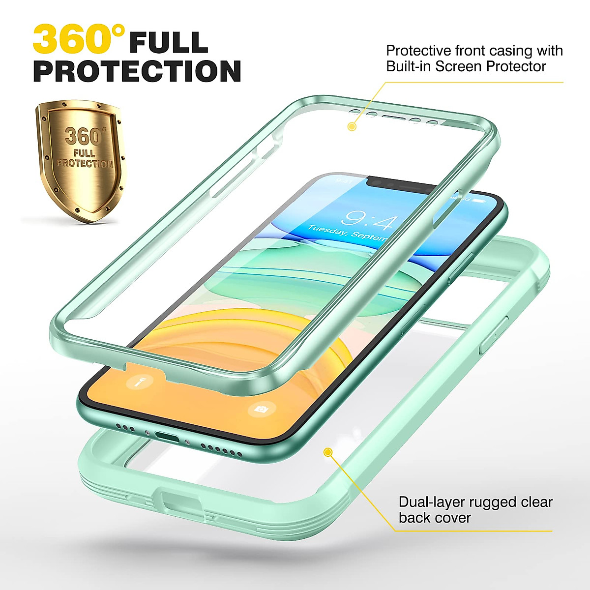 Diaclara Compatible with iPhone 11 Case, Full Body Rugged Case with Built-in Touch Sensitive Anti-Scratch Screen Protector, Soft TPU Bumper Case Clear Compatible with iPhone 11 6.1" (Pistachio Green)