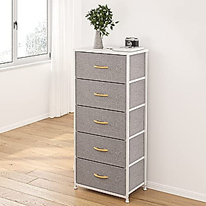 BANTI Dresser for Bedroom, Tall Kids Fabric Vertical Dresser with 5 Drawers, Storage Tower Organizer Unit for Closet, Living Room, Bedroom, Hallway, Steel Frame Wood Top, Light Grey
