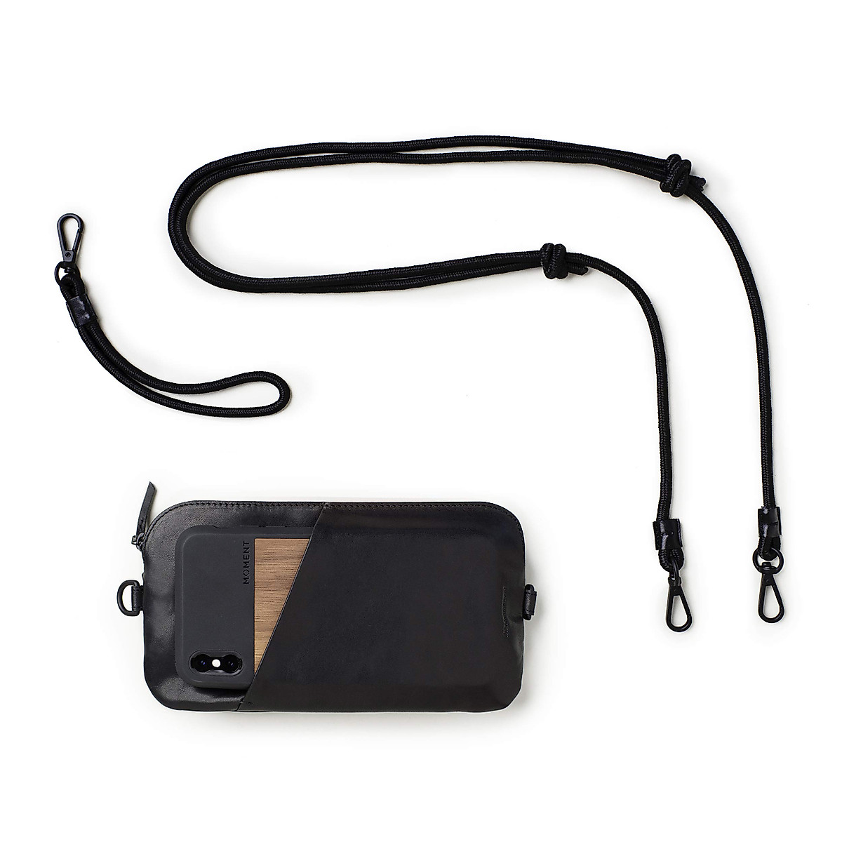 Moment Crossbody Wallet with Wrist and Neck Strap - Compact, Stylish Wallet for Everyday Essentials and Phones (Black Leather)
