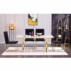 AZhome 7-Piece Dining Set, Gold Dining Room Table Set for 6, Black Leather Dining Chairs with Polished Stainless Steel Sled Base for Kitchen, Dining Room