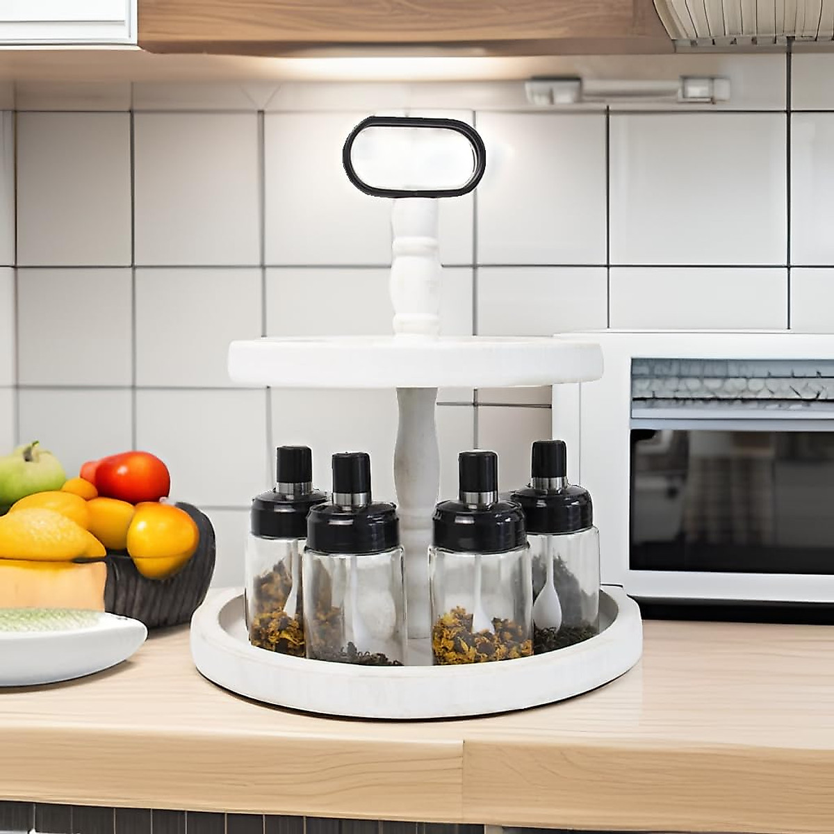 TNQNCFL Rustic 2 Tiered Tray Decor, Coffee Color, Wooden Material, Round Shape