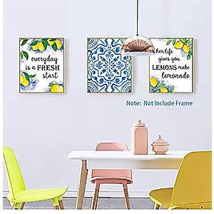 XUOIAYNB Blue Flower Pattern Lemon Art Print-- Mexican Tile Lemon Fruit with Inspirational Quote Canvas Wall Art--(8”X10”X6 pcs, Unframed)--Perfect for Kitchen Bedroom Decoration