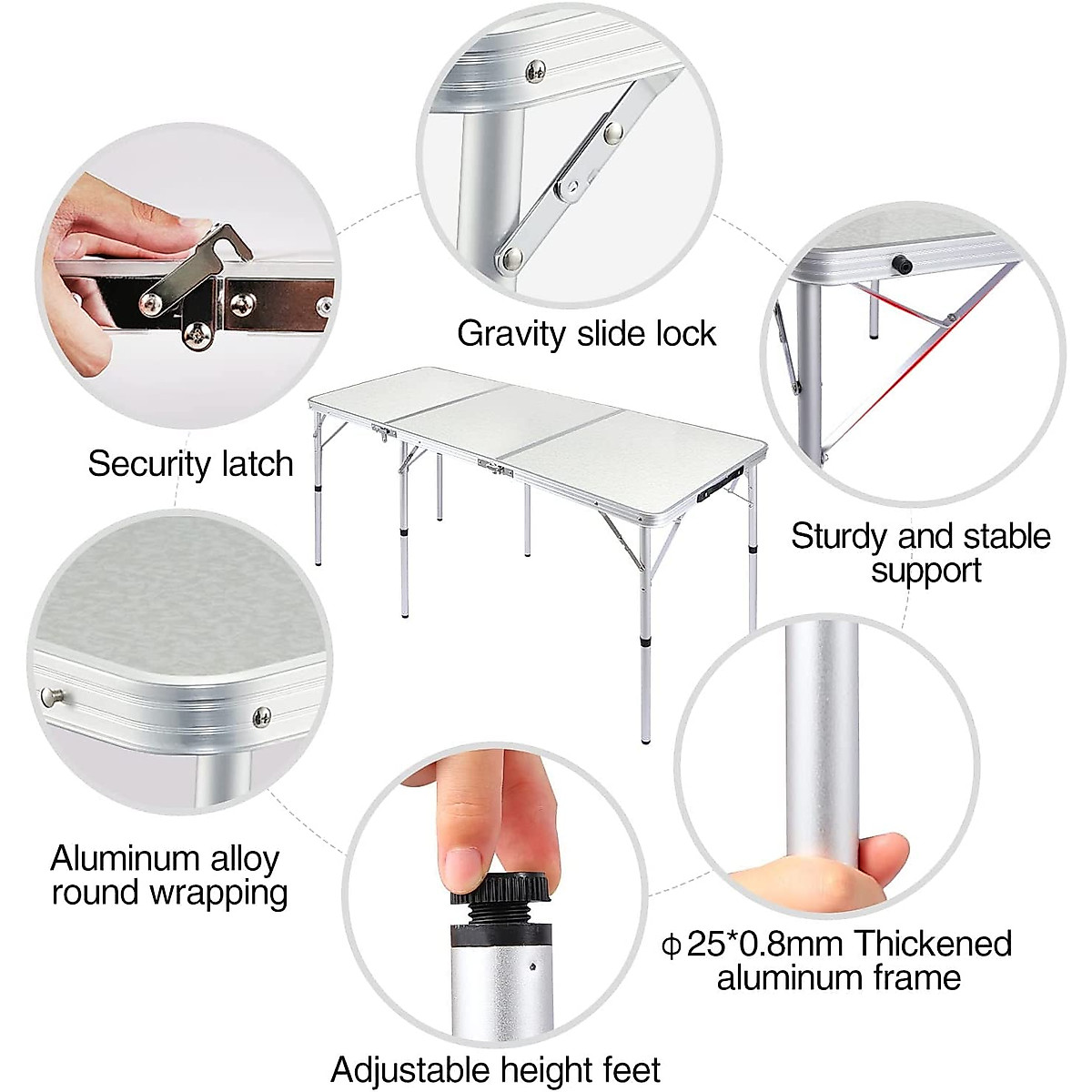 RedSwing Tri-fold 6ft Folding Table, Aluminum Outdoor Table with Adjustable Heights Legs, Portable Lightweight Camping Table for Picnic, Party, Beach, 72"x24", White