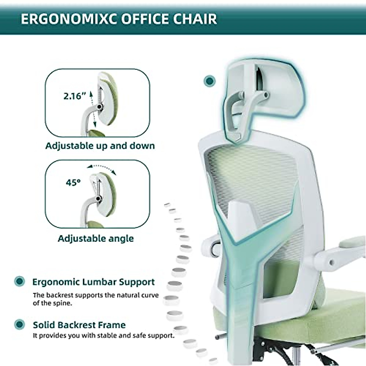 Sweetcrispy Swivel Rolling Padded Armrests Headrest, High Back Lumbar Pillow and Retractable Footrest Ergonomic Home Office, Height Adjustable Reclining Mesh Chair, Green