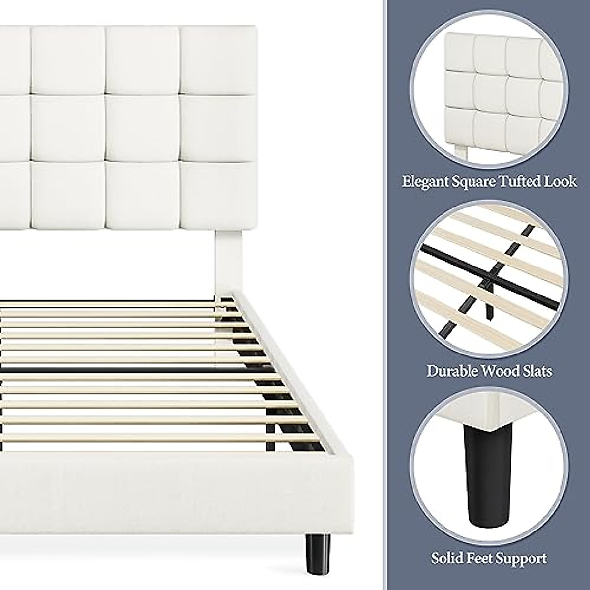 Yaheetech Queen Upholstered Bed Frame, Platform Bed Frame with Square Tufted Fabric Headboard Height Adjustable, Wooden Slats Support, No Box Spring Needed, Beige