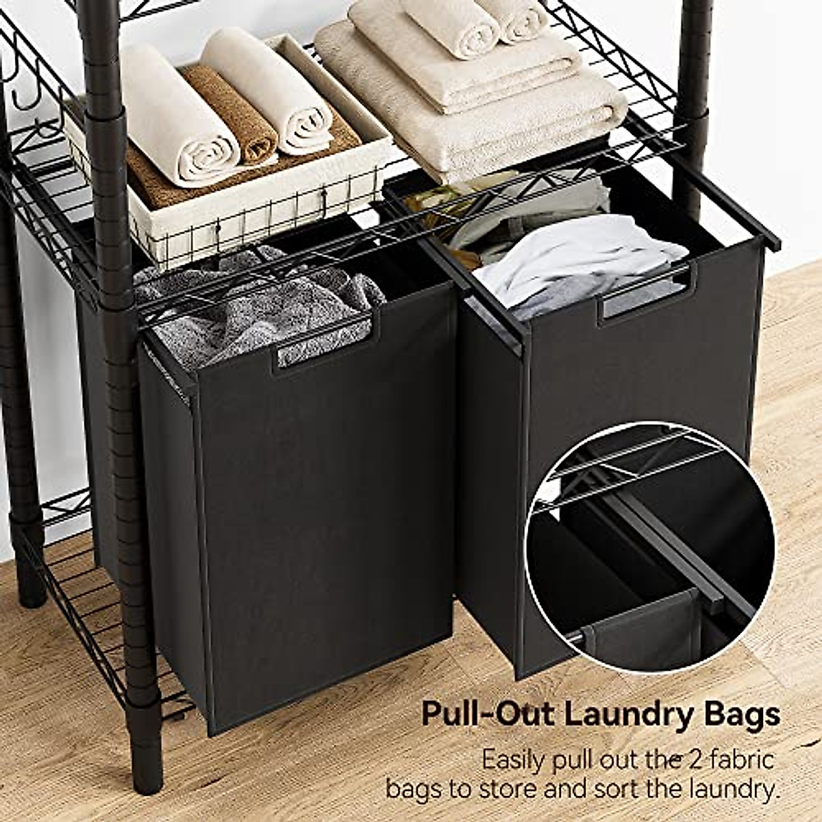 Laundry Sorters with 2 X 45L Laundry Bags & 2 Tier Adjustable Storage Shelf, Pull-Out and Removable Oxford Fabric Laundry Baskets, Black
