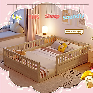 Floor Bed for Kids, Full Size Montessori Bed with High Fence Railings, Wood Playhouse Bed with Rails for Baby Boys Girls Teens, No Slats Included, Natural