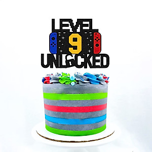 Level 9th Unlocked Sign Cake Topper Happy 9th Birthday Level Up Tenth Cake Decorations for Video Game Controller Themed Kids Boy Girl Bday Party Supplies Double Sided