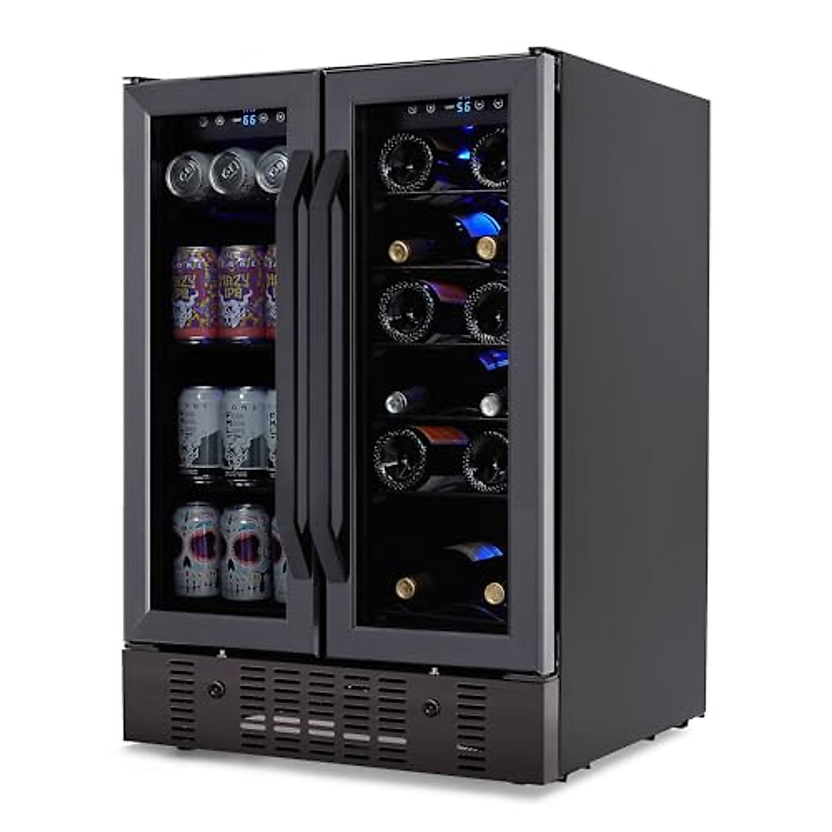NewAir 24” Wine and Beverage Refrigerator and Cooler, 18 Bottle and 60 Can Capacity, Built-in Dual Zone Fridge in Black Stainless Steel with French Doors