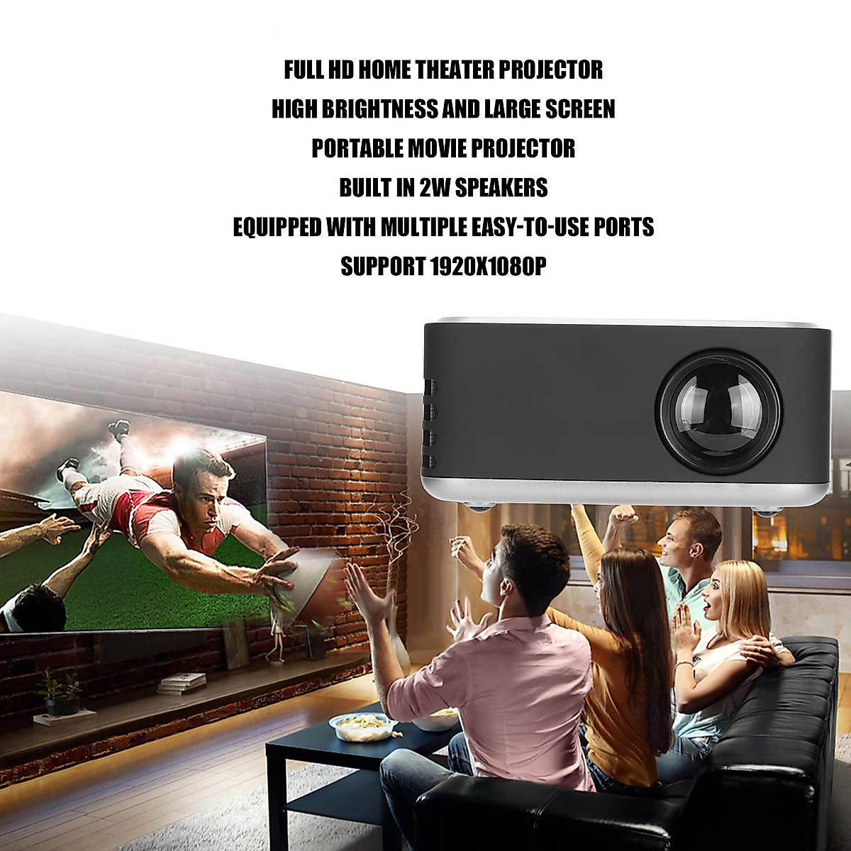 1080P Full HD Video Projector, Mini Projector Portable with Remote Control, Smart Projector for Home Theater Outdoor Movies, Compatible with TV Stick, HDMI, USB, AV, 100‑240V (US