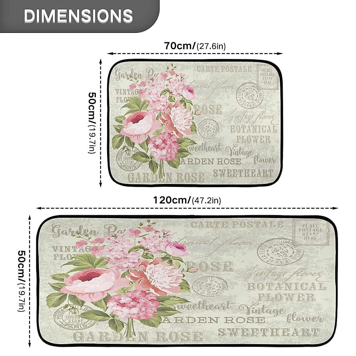 ALAZA Shabby Chic Rose Floral Blossom Non Slip Kitchen Floor Mat Set of 2 Piece Kitchen Rug 47 x 20 inches + 28 x 20 inches for Entryway Hallway Bathroom