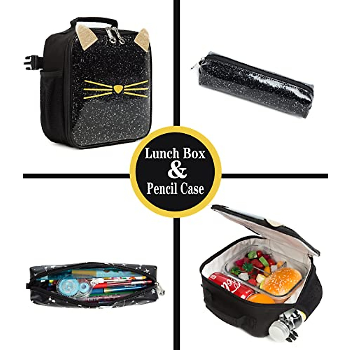 Meetbelify Backpack for Girls Backpacks Kids Sequin Bookbag for Elementary Preschool Student Laptop Bag with Lunch Box 16inch Cat