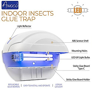 Awoco LED 5W Wall Mount Sconce Sticky Fly Trap Lamp for Capturing Flying Insects, Flies, Mosquitoes, and Moths (Fly Trap + 6 Glue Boards)