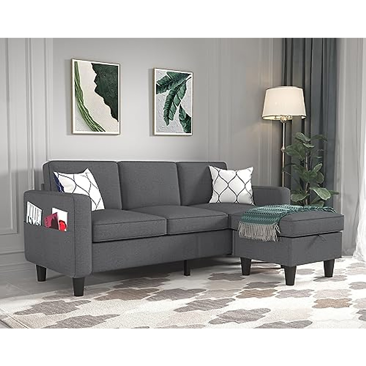 Sectional Sofa Couch Convertible L-Shaped Couches with Storage Ottoman Dark Grey 3 Seater Modern Linen Fabric Futon Sleeper Furniture Set for Living Room Apartment Loft Small Spaces