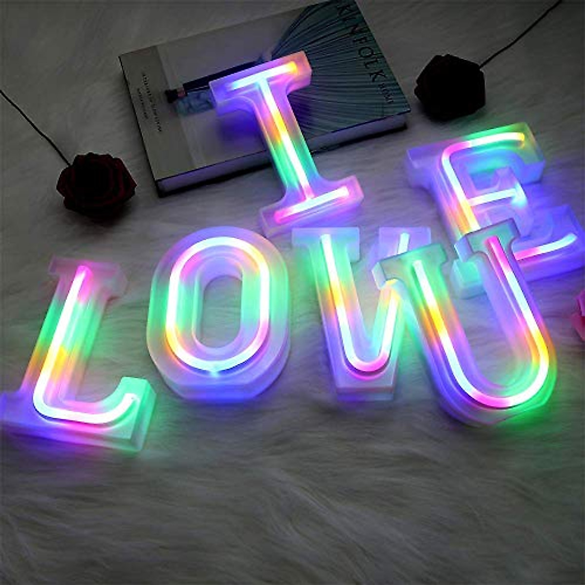 Newly Upgrade LED Neon Letter Lights Marquee Alphabet Light Up Letters with Remote Control，USB/Battery Powered Light Up Letters for Home Decoration Colourful (RC-Y)…