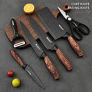 Professional Chef Knife Set 6 Pieces, Black Kitchen Knive Set Sharp Meat Knives for Cooking, Stainless Steel Forged Kitchen Knife with Cutlery Ergonomic Design Wood Handle Chef Knife Gifts Box