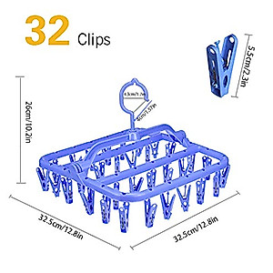 HAPY SHOP Foldable Laundry Hanger Drying Rack,Plastic Laundry Clip with 32 Clips,Clip Hanger Drip Drying Hanger Underwear Hanger with Clips for Socks, Bras, Lingerie, Clothes,Towel,Scarf,Blue