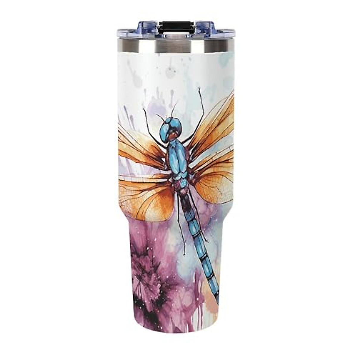 40 Oz Vacuum Tumbler with Black Handle Leakproof Insulated Tumbler Dragonfly Watercolor Painting Stainless Steel Travel Mug with Lid And Straw Coffee Cup Cute Water Bottles Cup Holder Friendly