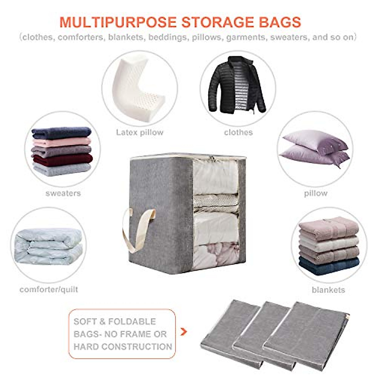 Qozary 3 Pack Large Storage Bags for Comforters, Blankets, Clothes, Quilts and Towels, Better and Sturdy Under Bed Organizer Bag for Closets, Bedrooms (Gray, Extra Large - 122L - 20.47x 16.53x 22")